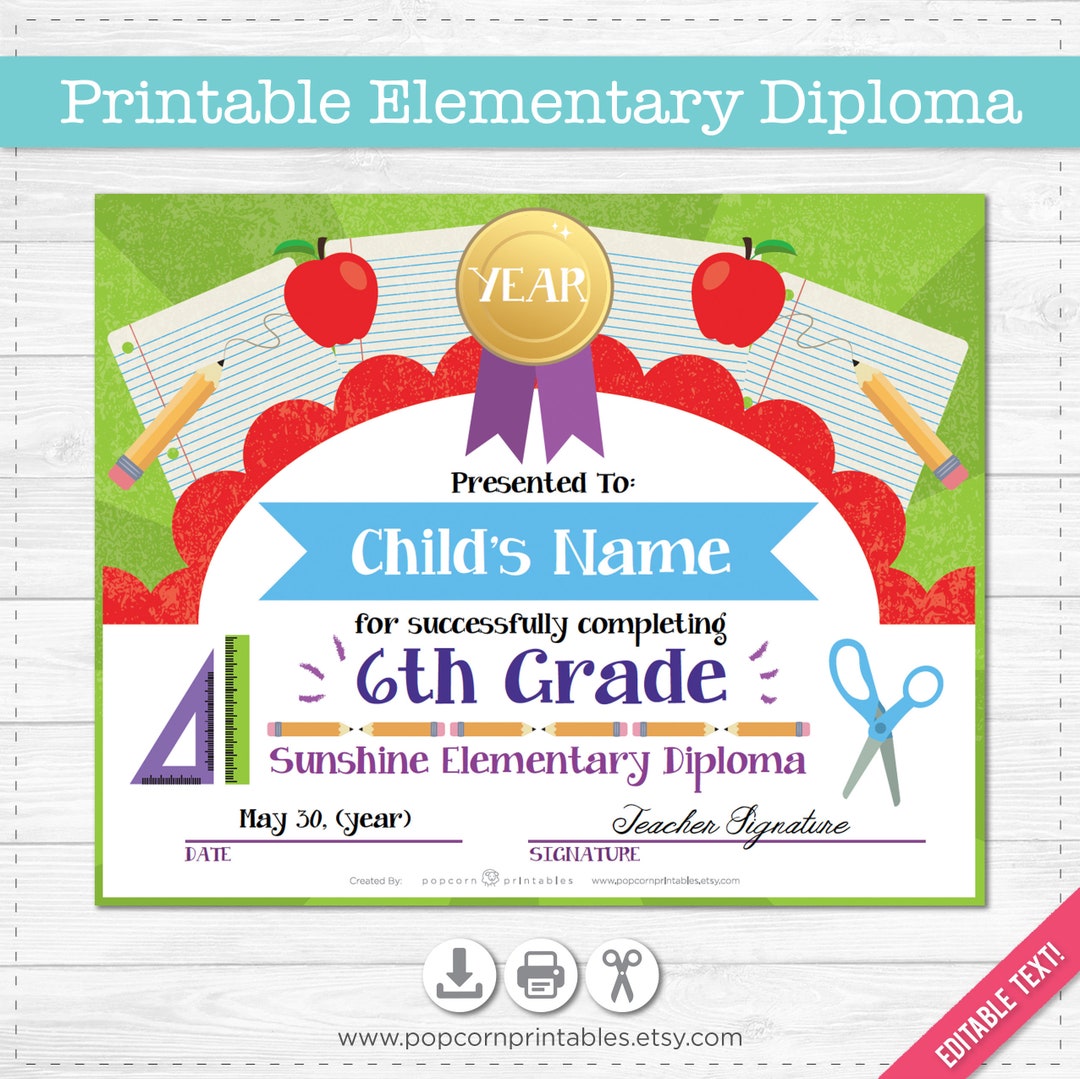 Elementary School Graduation Diploma Certificate Kindergarten Instant ...