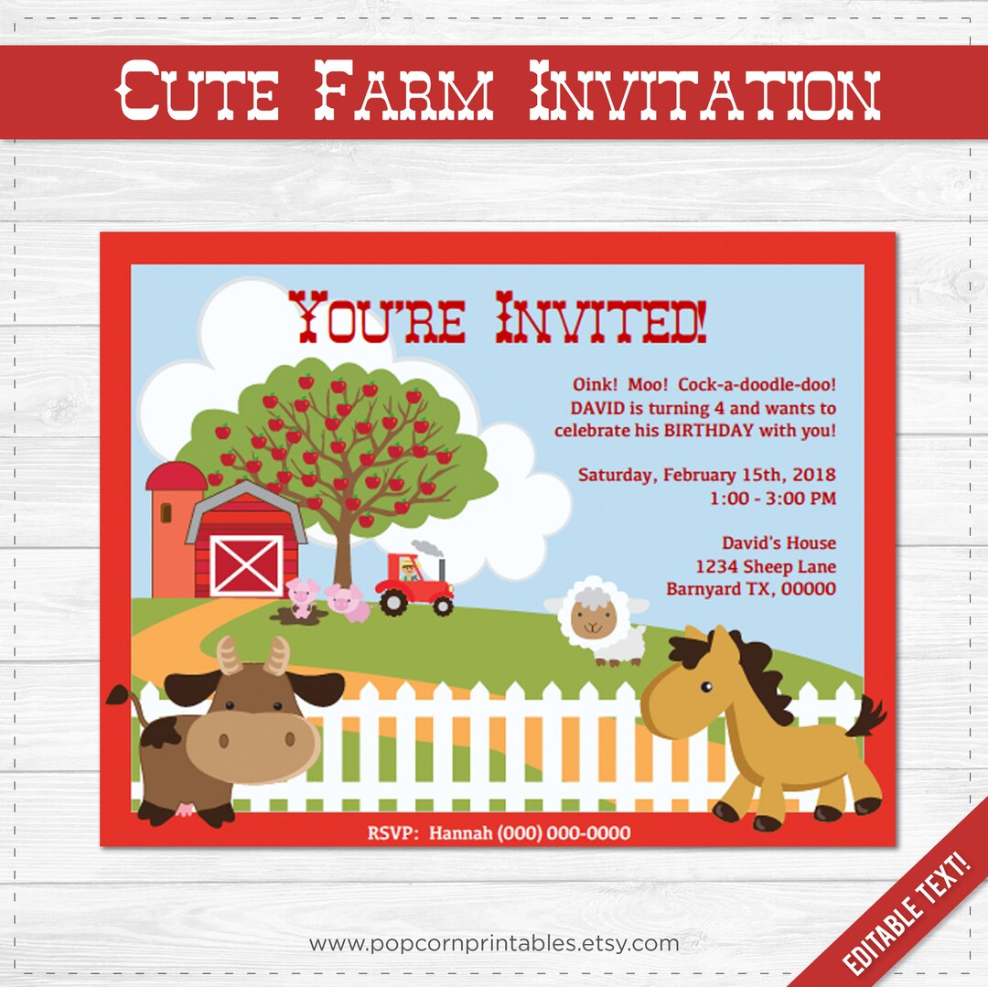 Cute Farm Animal Invitations Printable Editable Text PDF Instant ...