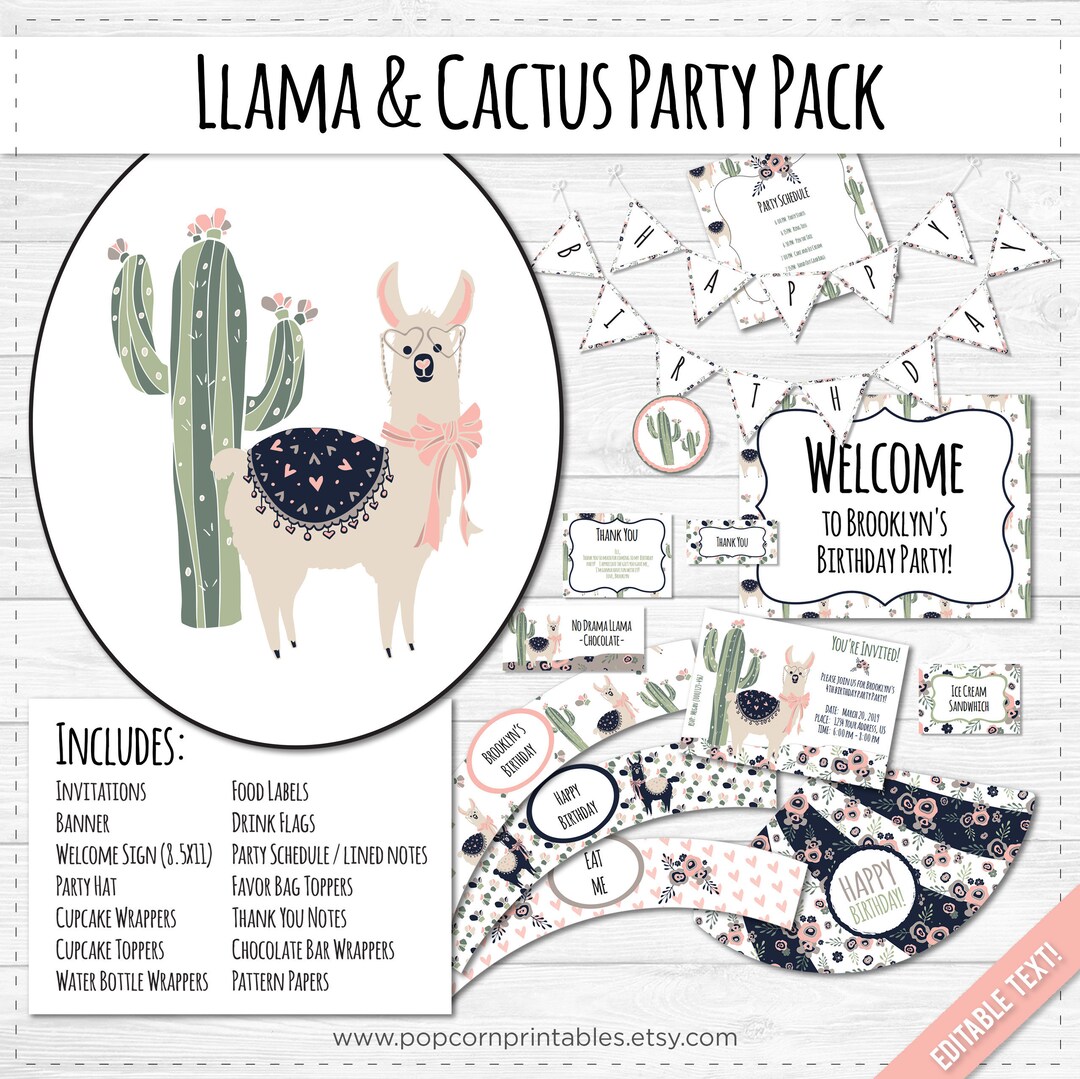 Llama and Cactus Party Package Birthday Collection Printable Editable ...