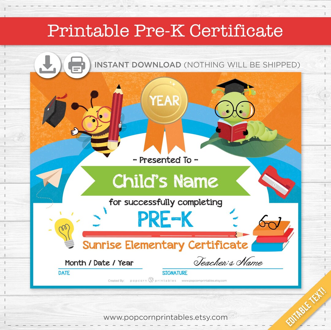 Pre- Kindergarten Graduation Diploma Certificate - Instant Download PDF ...