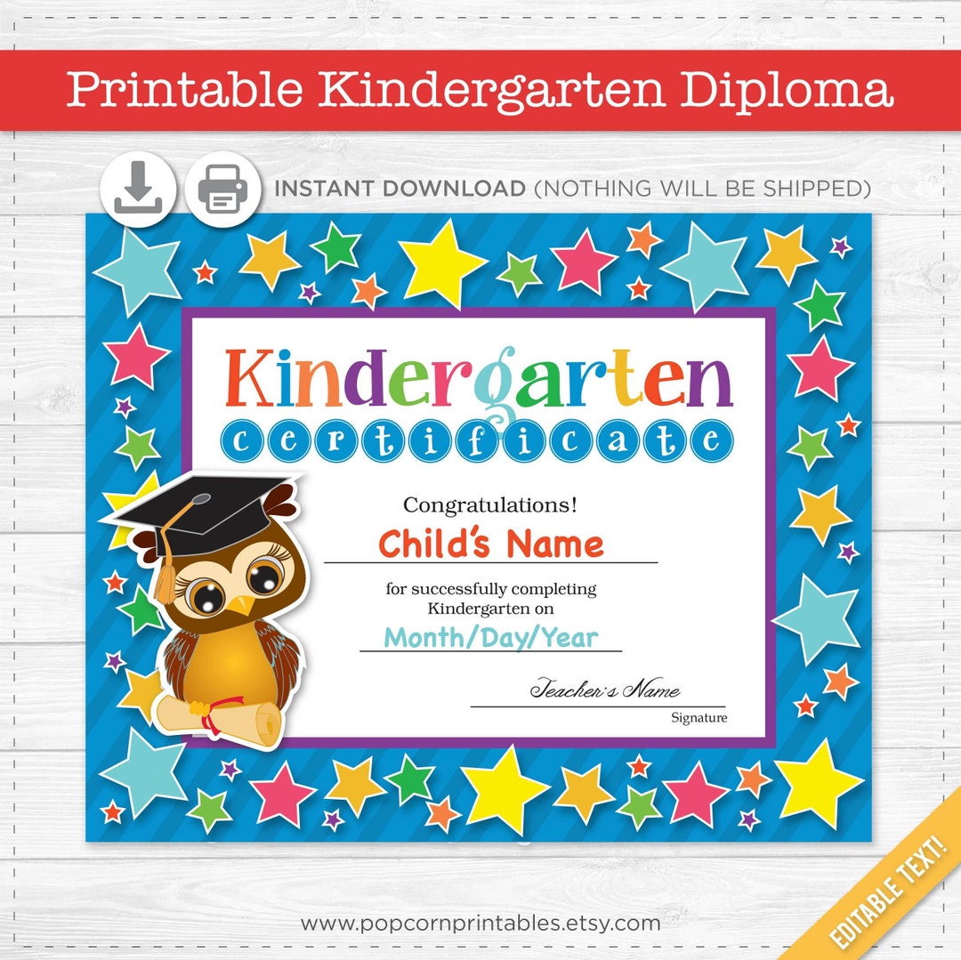 Kindergarten Graduation Diploma Certificate - Instant Download PDF File ...