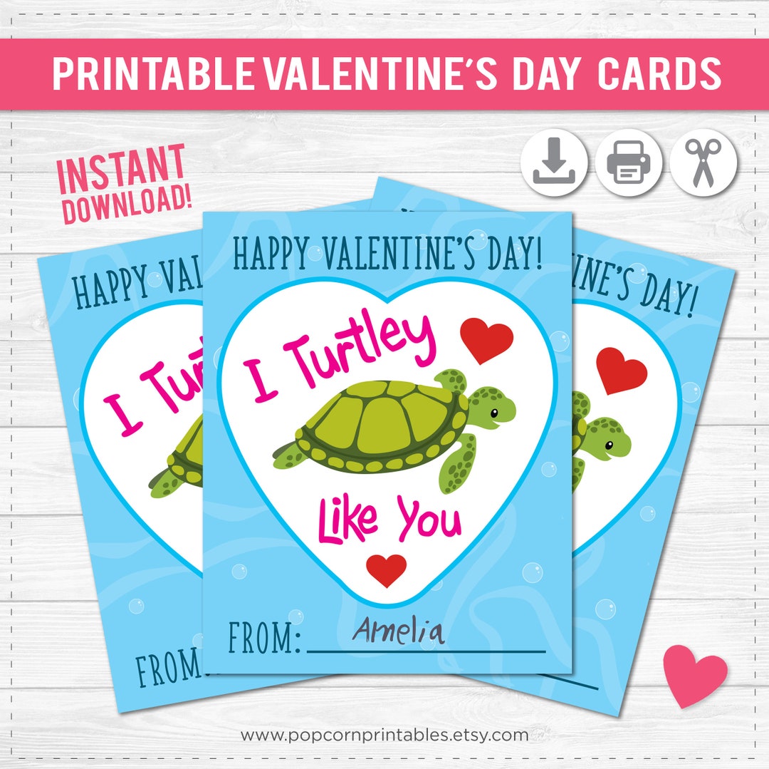 Printable Valentine's Day Card - Sea Turtle- 4X5 - PDF- Instant ...