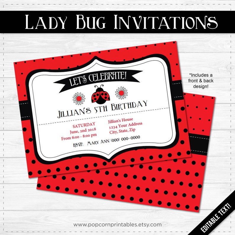 Cute Lady Bug Invitations Printable Editable Text PDF | Etsy