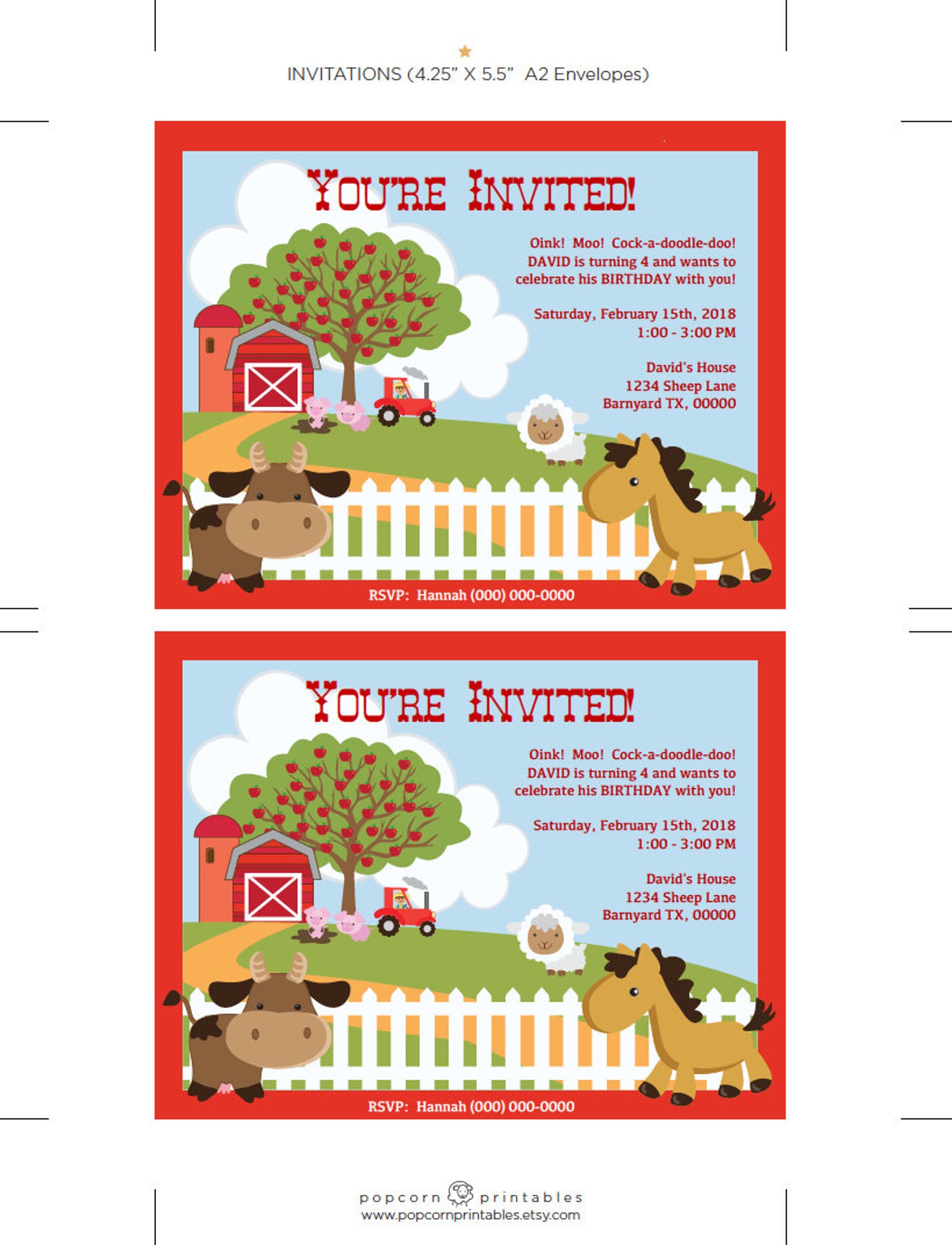 Cute Farm Animal Invitations Printable Editable Text PDF | Etsy