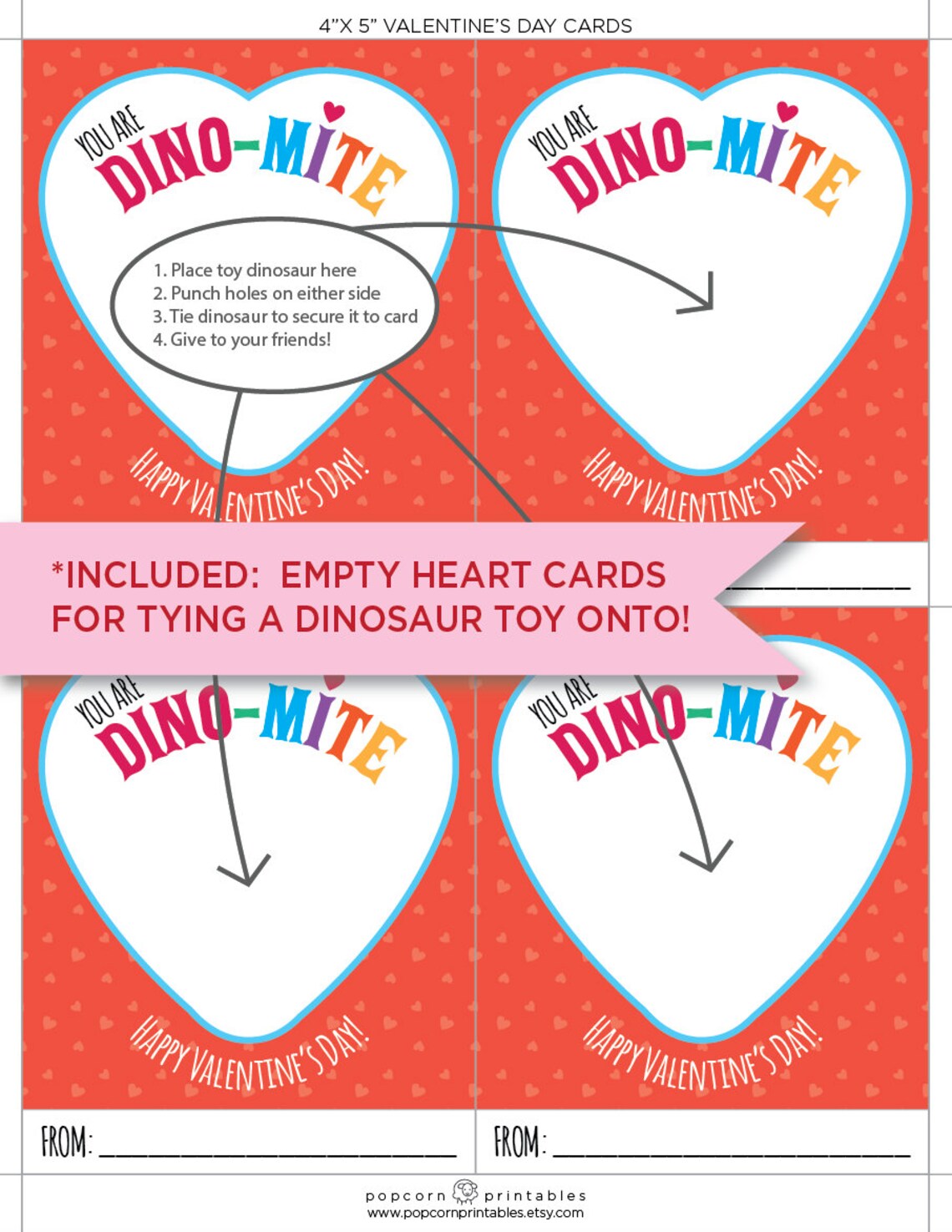 Printable Valentine's Day Dino-mite Card 4X5 PDF | Etsy