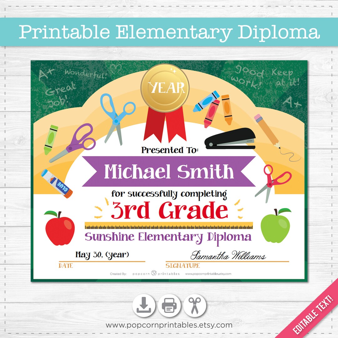 Elementary School Graduation Diploma Certificate Kindergarten Instant ...