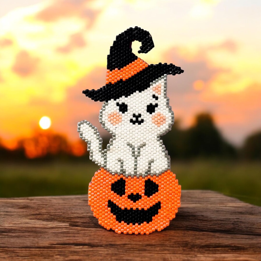 Halloween Cat, Brick Stitch Cat Pattern, Peyote Stitch Halloween ...