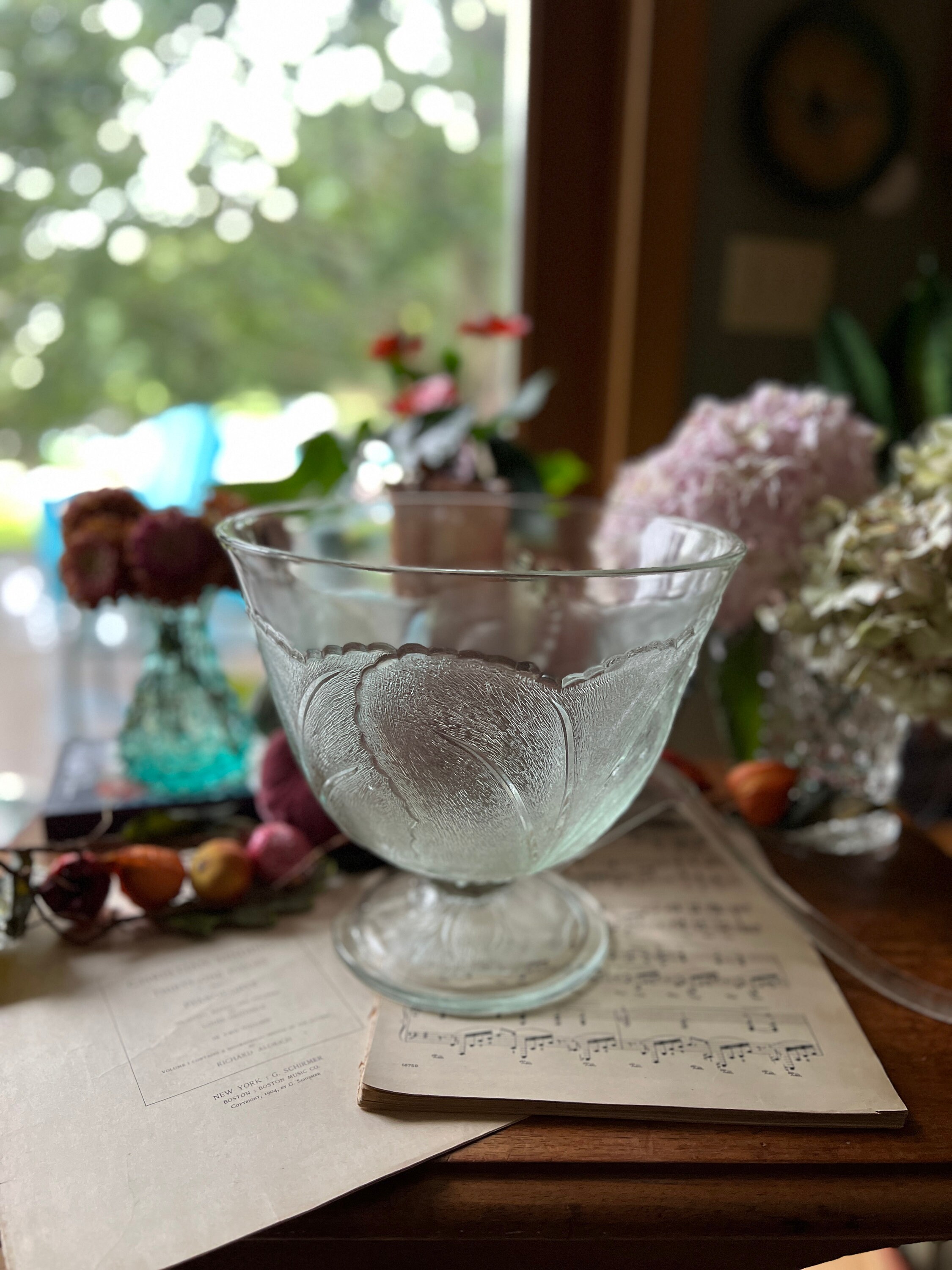 Whimsical Rose Daisy Tulip Flower Patterned Pedestal Punch Bowl Clear ...