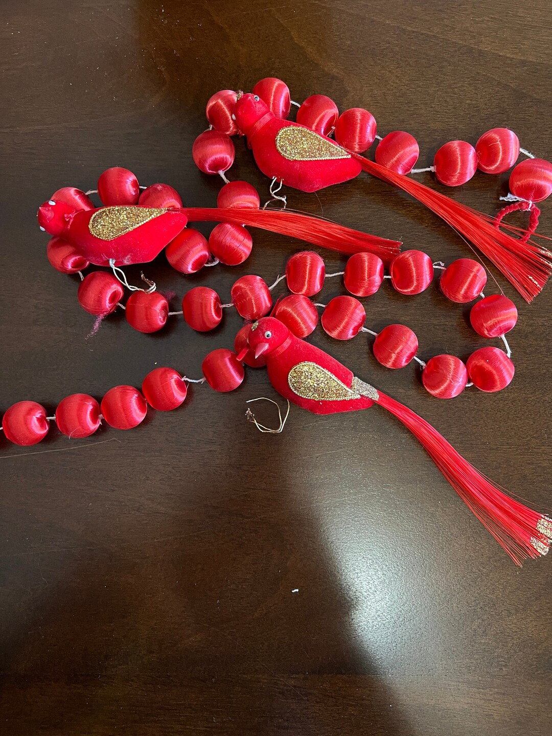 Kitschy Pretty Vintage Set of 3 Red and Gold Fancy Christmas Tree Fuzzy ...