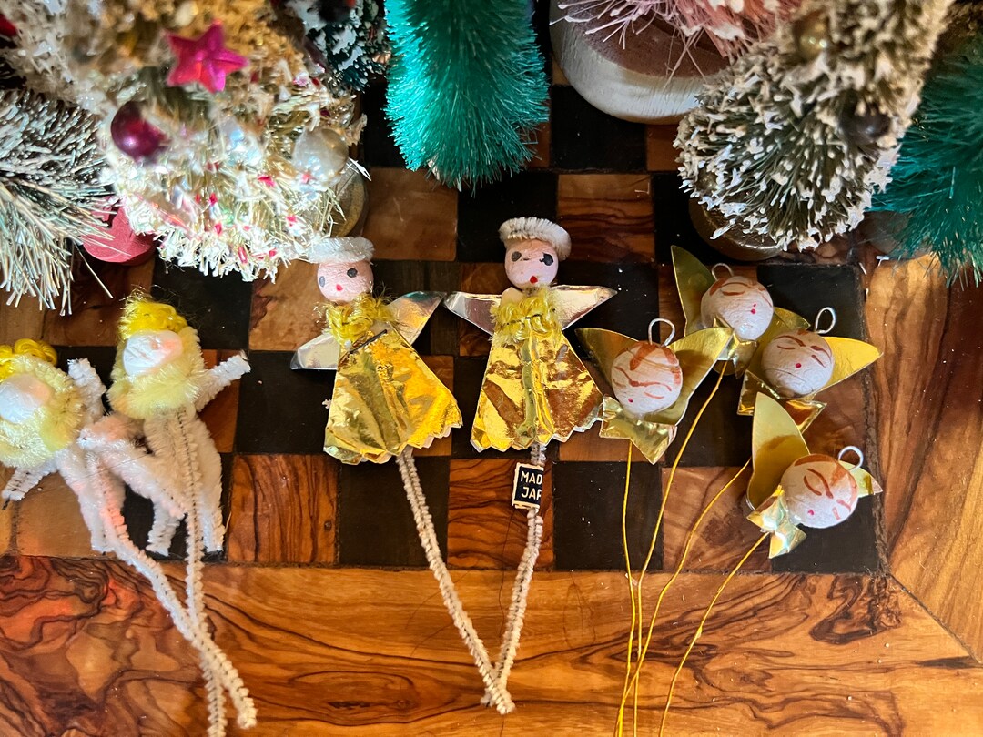 Darling Vintage Putz Spun Cotton & Gold Foil Angels on Pipe - Etsy
