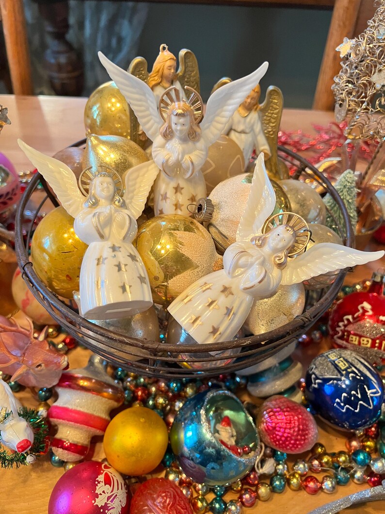 Vintage Celluloid Christmas Angel Ornaments Hard Plastic White Gold ...