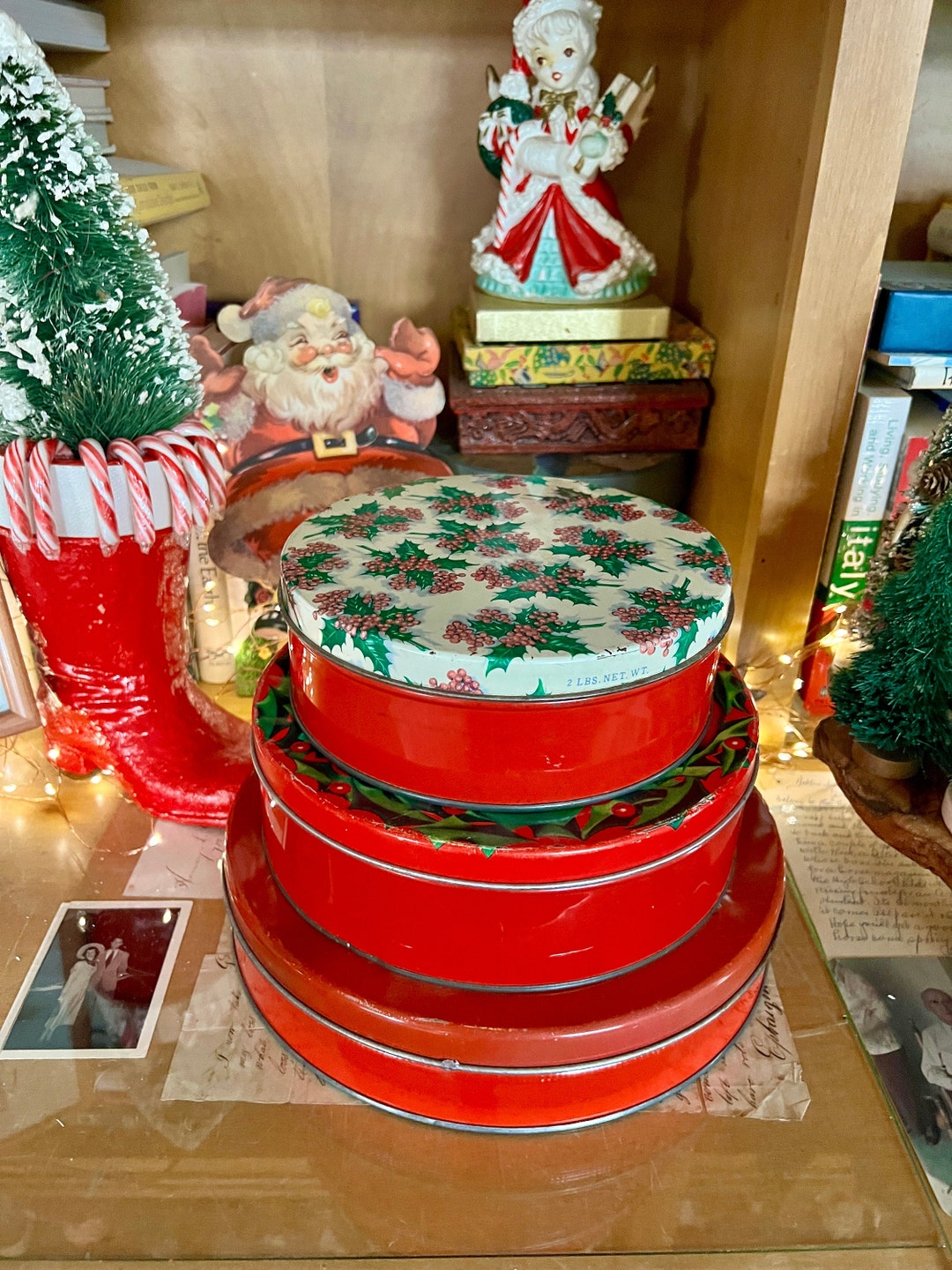 Darling Nostalgic Vintage Red Lithograph Santa Holly Xmas Tree Metal ...