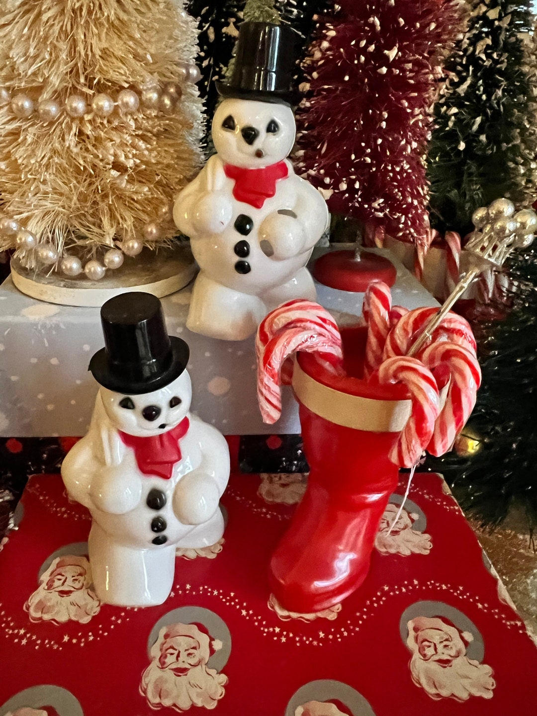 Vintage Christmas 1950’s Hard Plastic Rosbro Rosen Snowmen W/pipe Retro ...