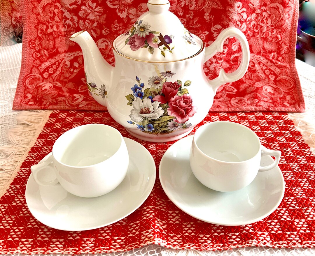 Antique Teapot England Pink Moss Rose White Roses Daisy Blue Forget Me ...