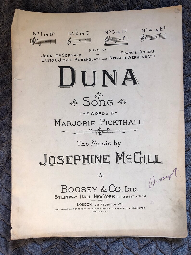 RARE "duna" 1904 Antique Sheet Music Vocals Piano by Josephine Mcgill ...