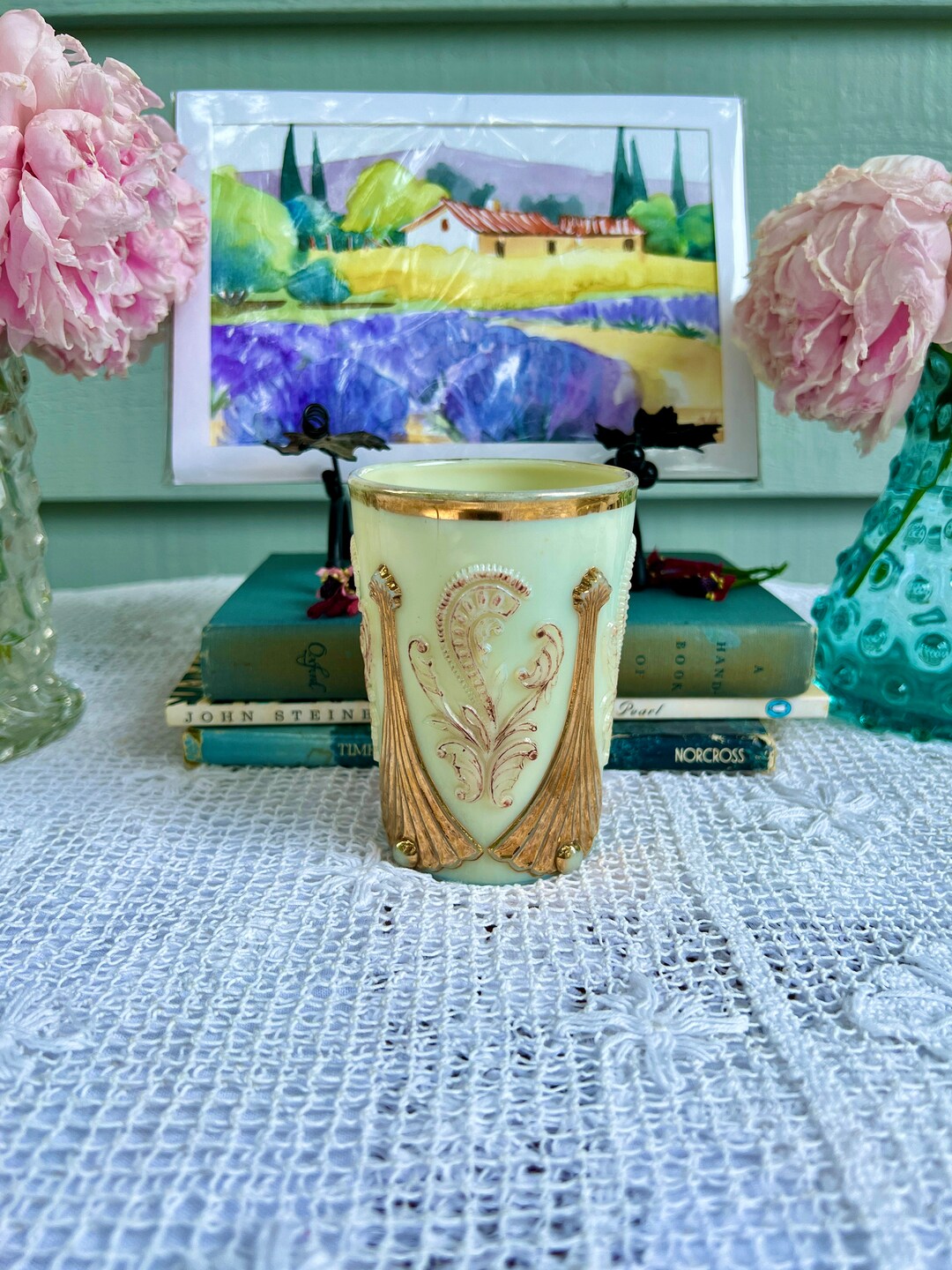 Elegant Victorian Dugan Opaline Vaseline Glass Ornate Fancy Gilded ...