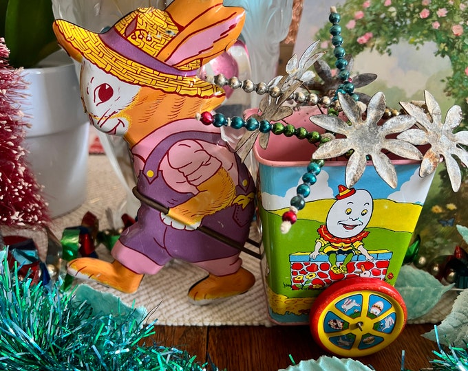 Extremely Cute Vintage Tin Metal Easter Bunny Rabbit Pulling Wagon Cart ...