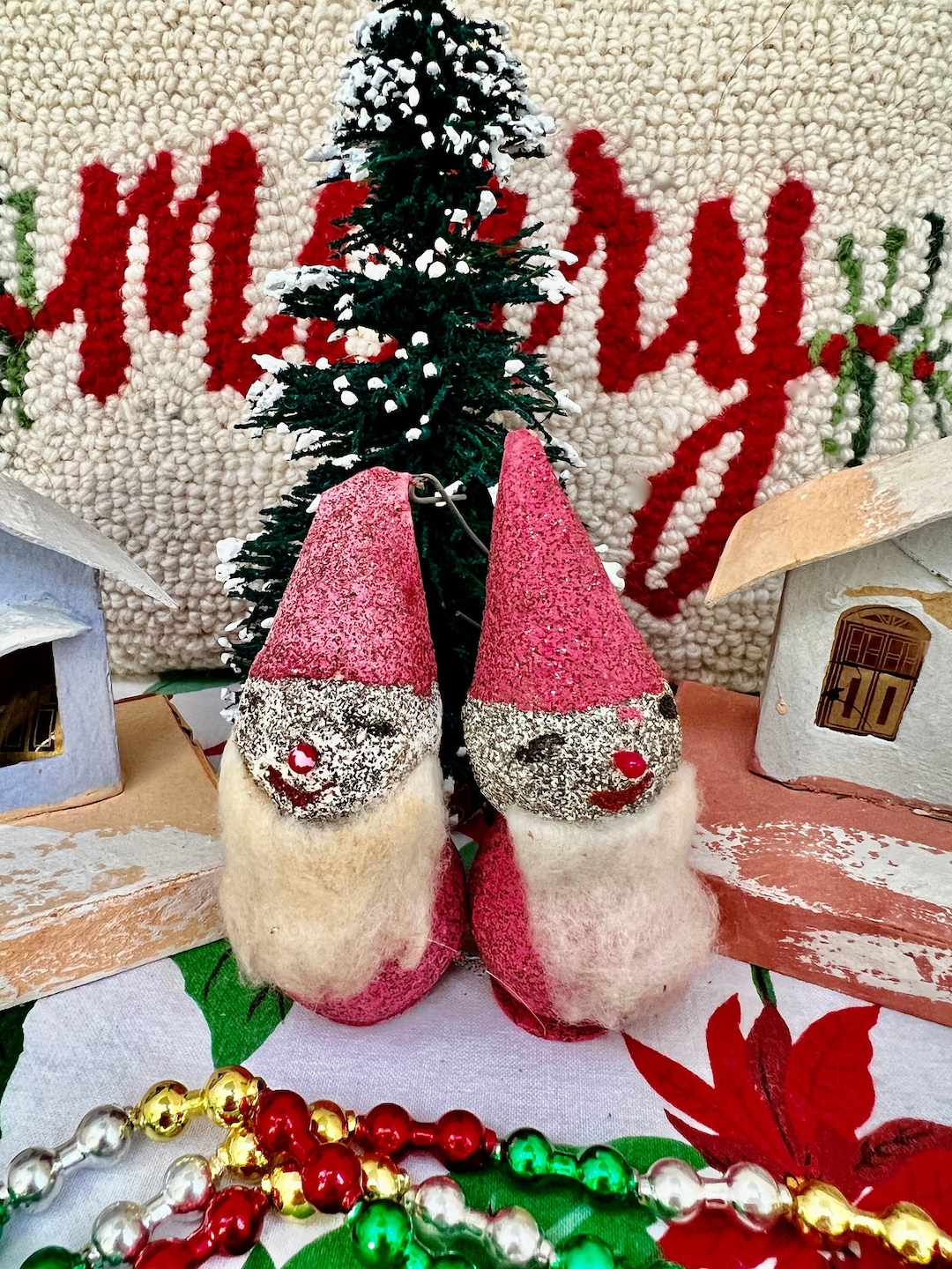 Kitschy Vintage Paper Mache Red Silver Mica Santa Elf Long Beards ...