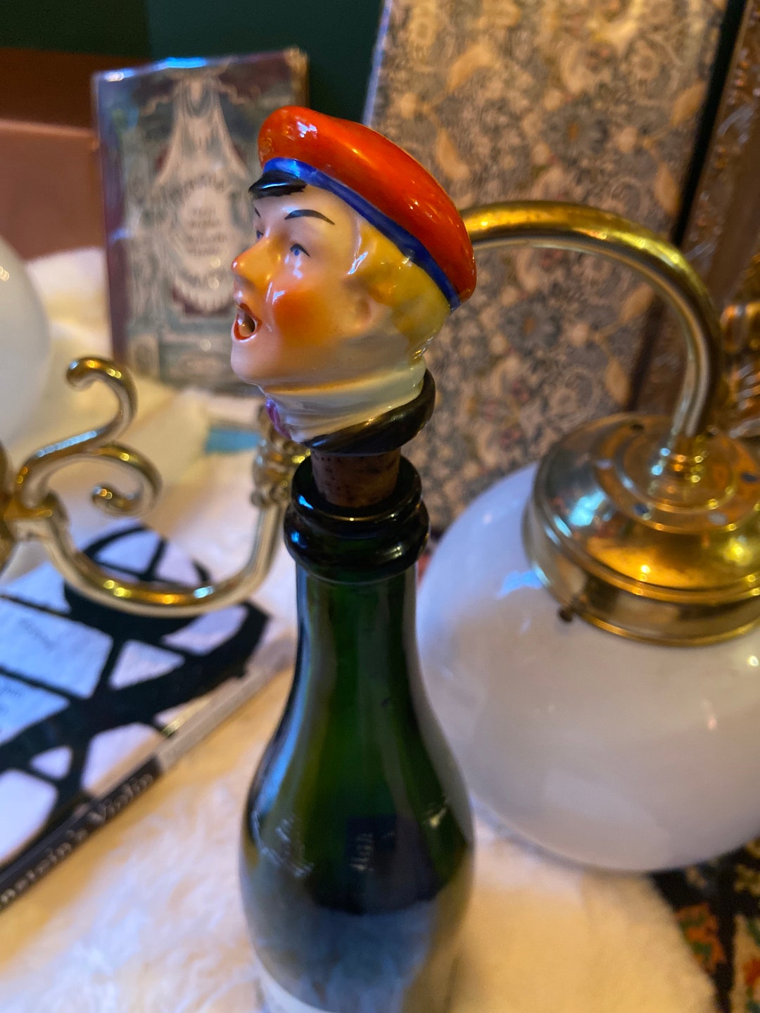 Vintage Wine Bottle Pourer Stopper Ceramic Man Head Red Cap Blond Hair ...