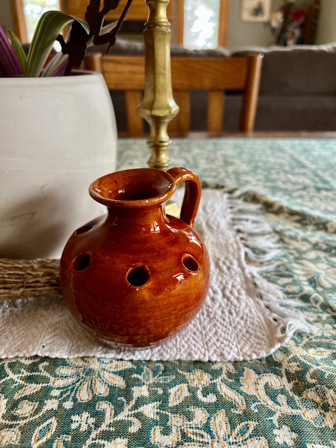 Vintage Redware Pottery Flower Vase One Handled Small Jug Glazed ...