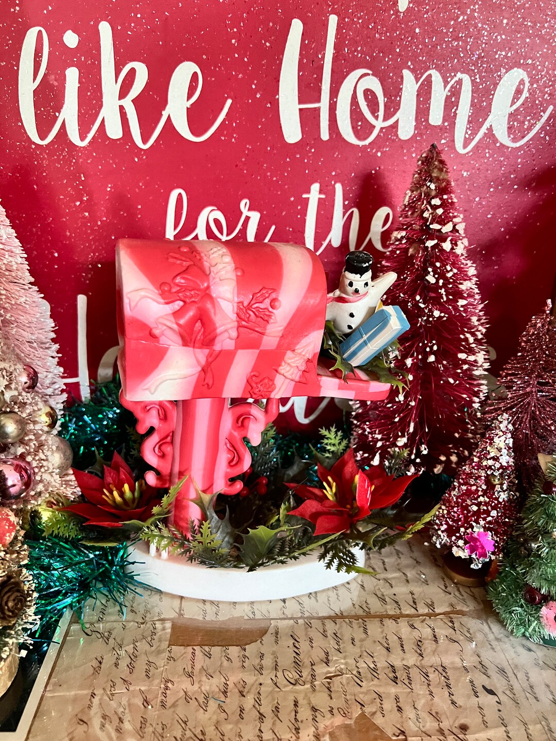 Kitschy Vintage Blow Mold Christmas Mailbox Snowman Package Poinsettia ...