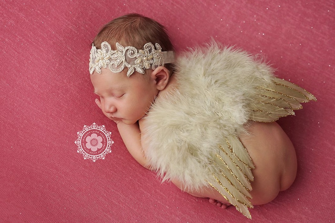 Tan Glitter Angel Wing and Lace Headband, Newborn Wings, Newborn Angel ...