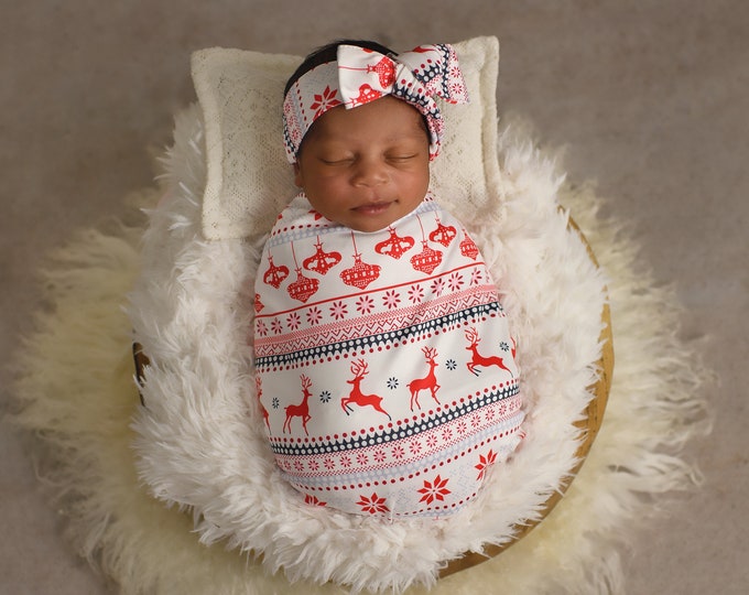 Santa Swaddle Blanket Bow Headband Headband Swaddle Set Lightweight Blanket Swaddling