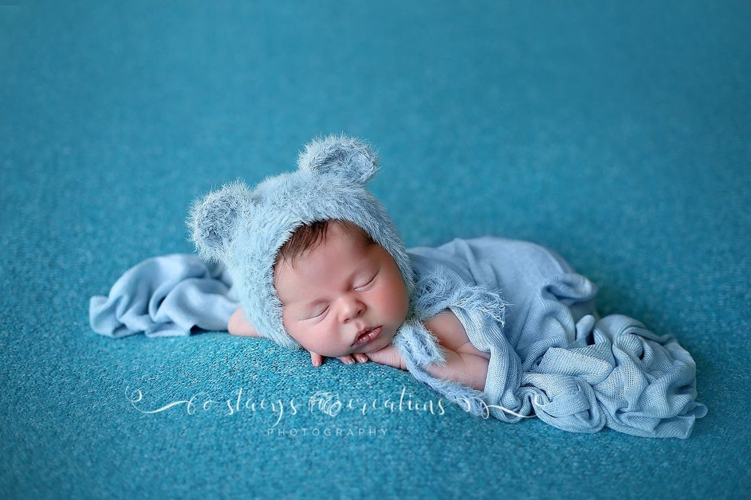 Furry Bear Bonnet / Baby Blue Bonnet / Baby Blue Mohair Bear Bonnet ...