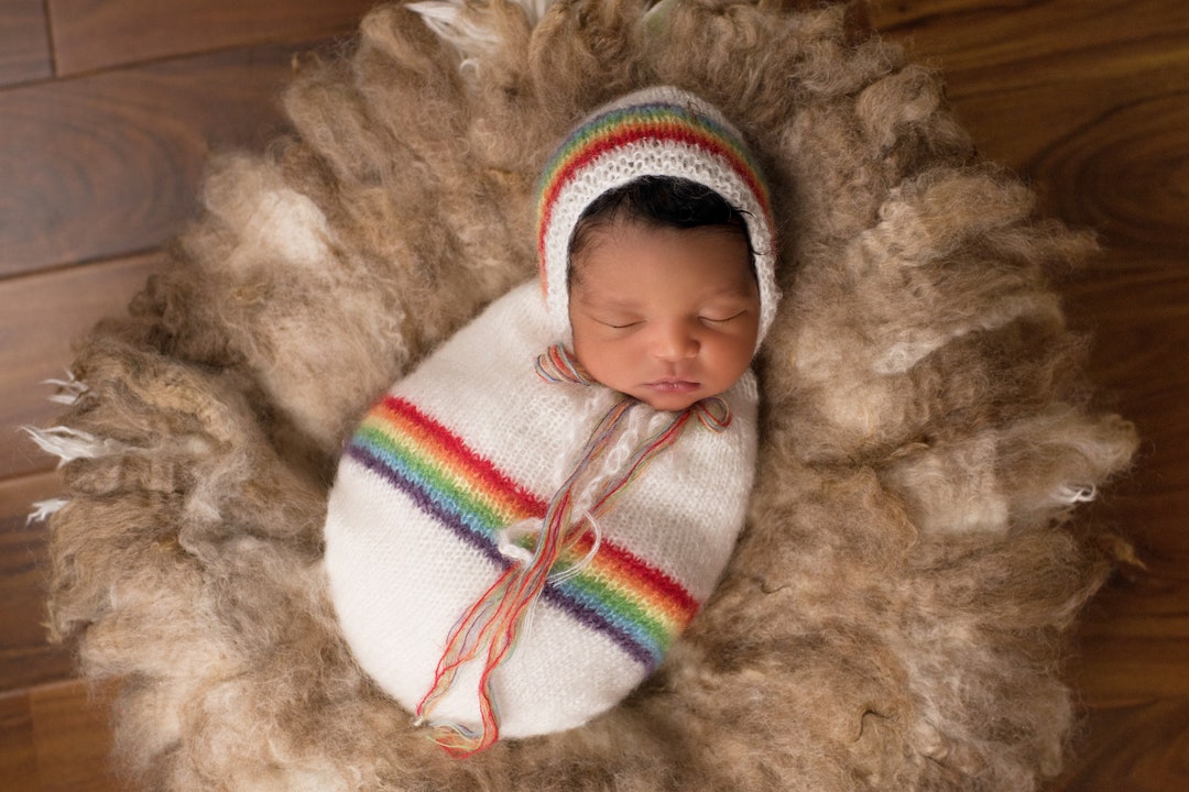 Rainbow Knit Swaddle Sack and Bonnet / Knit Sack / Newborn Photo Prop ...