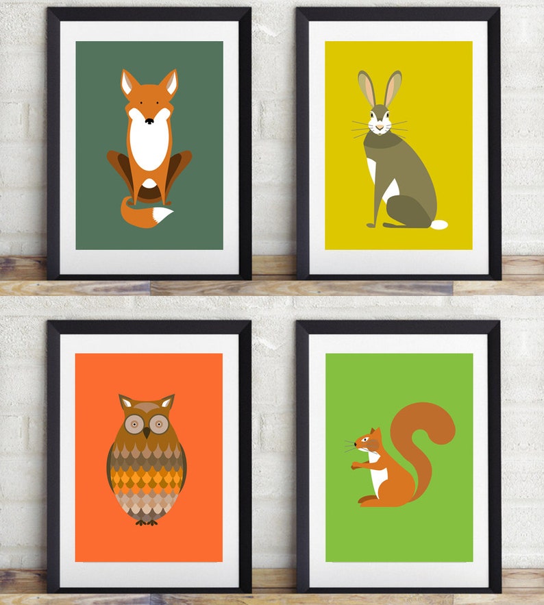 4 Woodland Animal Prints Set A4/A3/A2 Fox Hare Owl Squirrel - Etsy