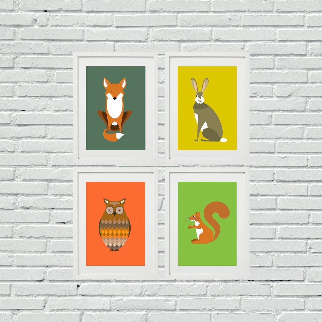 4 Woodland Animal Prints Set - A4/A3/A2 Fox Hare Owl Squirrel Fun Cute ...