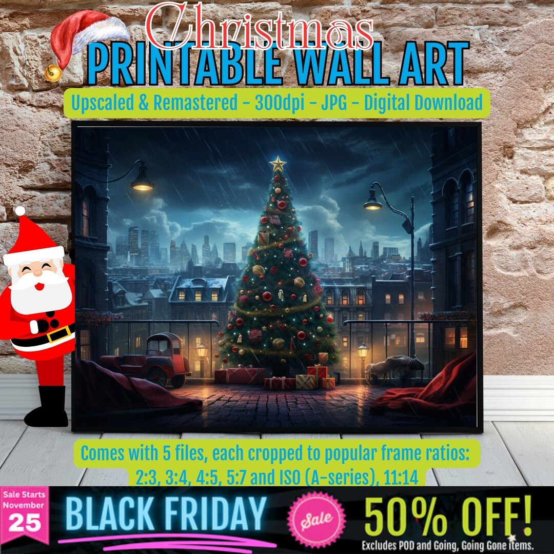 Christmas Wall Art Printable Holiday Decor Digital Download Xmas Scene ...