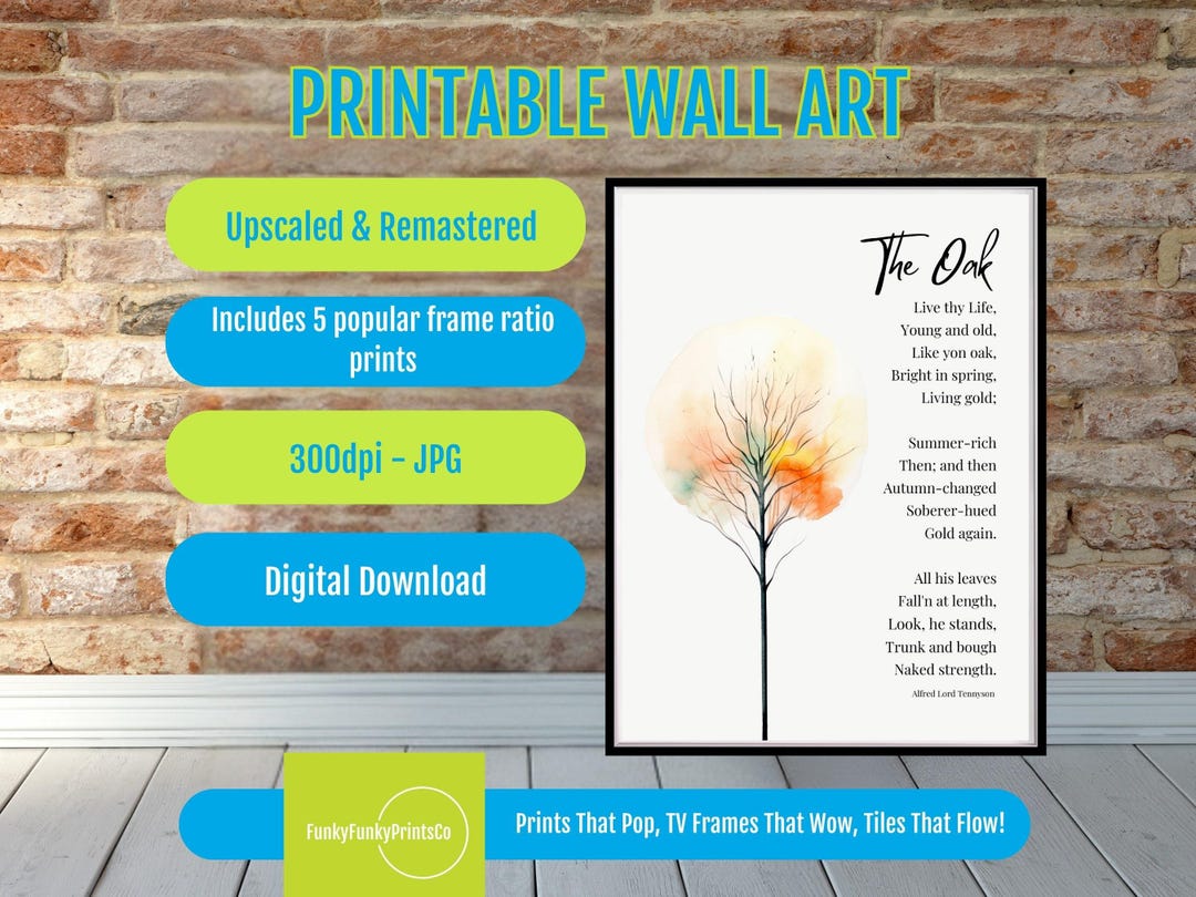 Oak Tree Wall Art: Tennyson Poem Watercolor - Printable Digital ...