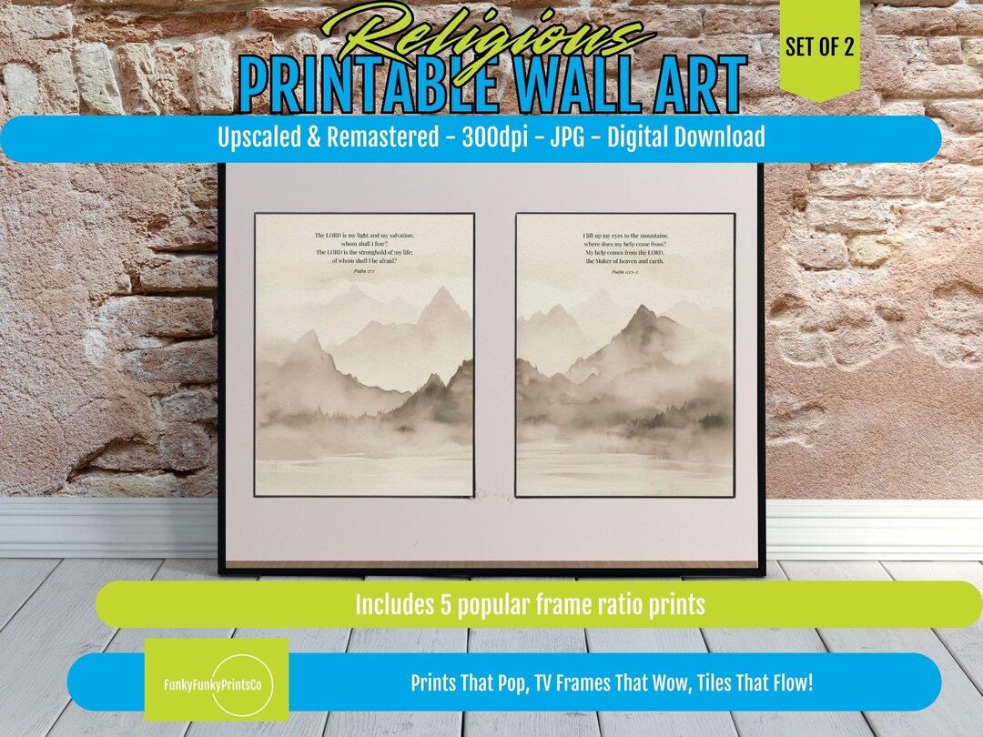 Psalm 121 & 27 Bible Verse Wall Art Printable, Modern Mountain ...