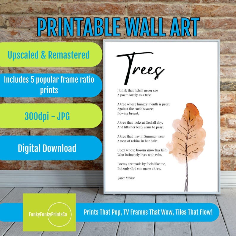 Trees Poem by Joyce Kilmer, Inspirational Printable Wall Art, Tree ...