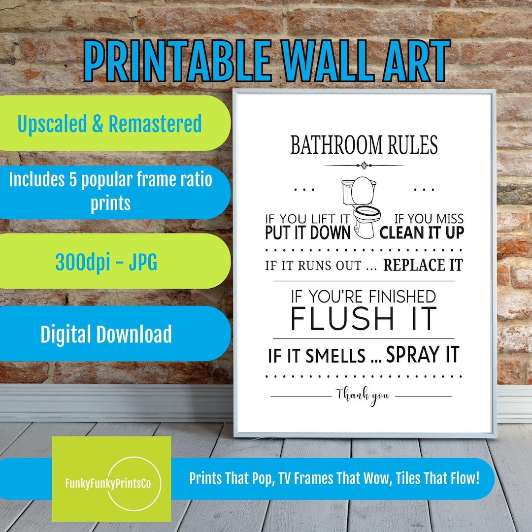 Printable Bathroom Rules Wall Art, Funny Bathroom Decor Sign, Modern ...