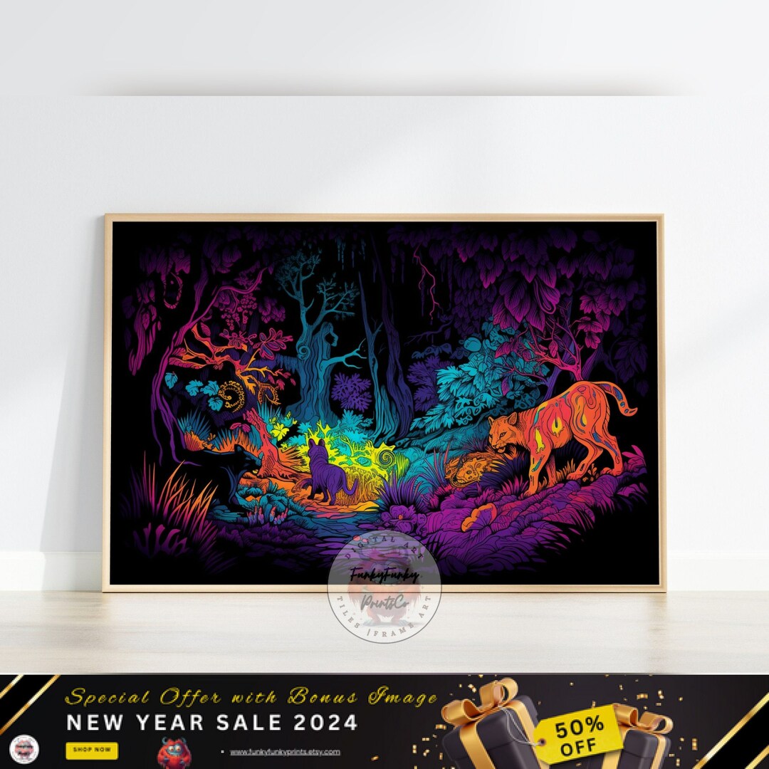 Forest Animals Black Light Art, Vintage Blacklight Poster, Wild Animal ...