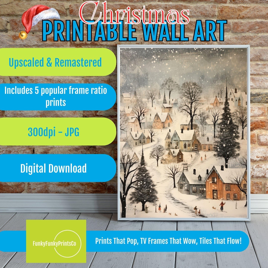 Vintage Christmas Village Printable Wall Art, Digital Holiday Decor ...