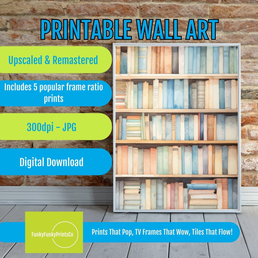Bookshelf Art Print, Printable Wall Art for Home Library Decor, Digital ...