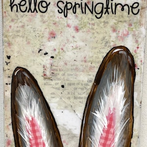 Hello Springtime, Bunny Ears Sign, Buffalo Check Pink and White Gingham ...