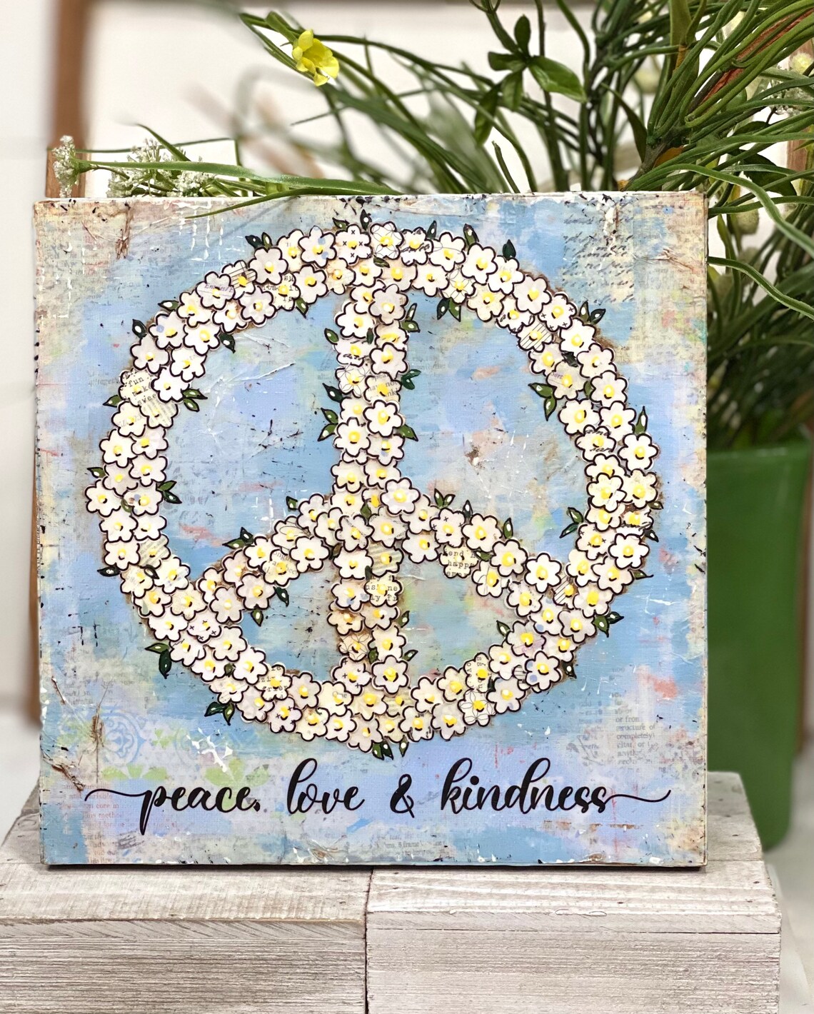 Peace Sign Floral Peace Sign Blue and white daisies Boho | Etsy
