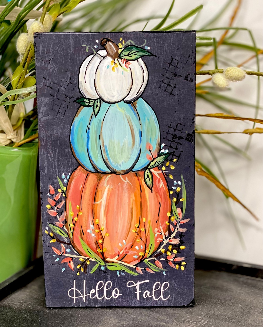 Painted Stacked Pumpkins, Aqua Pumpkin, Pumpkin Stack Sign, Fall Decor ...