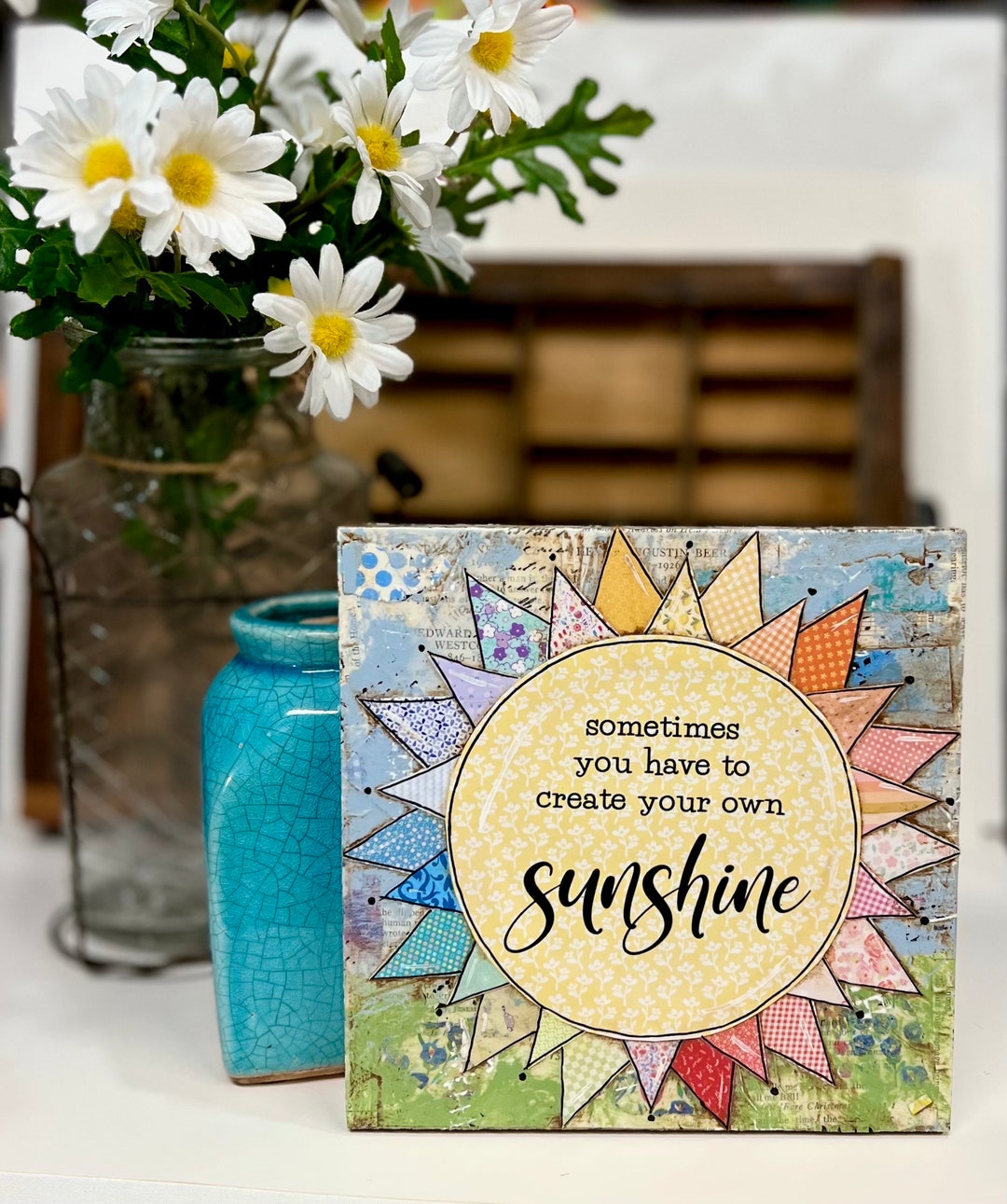 Colorful Sun Sign, Sunshine Sign, Sunshine Decor, Mixed Media Sun ...