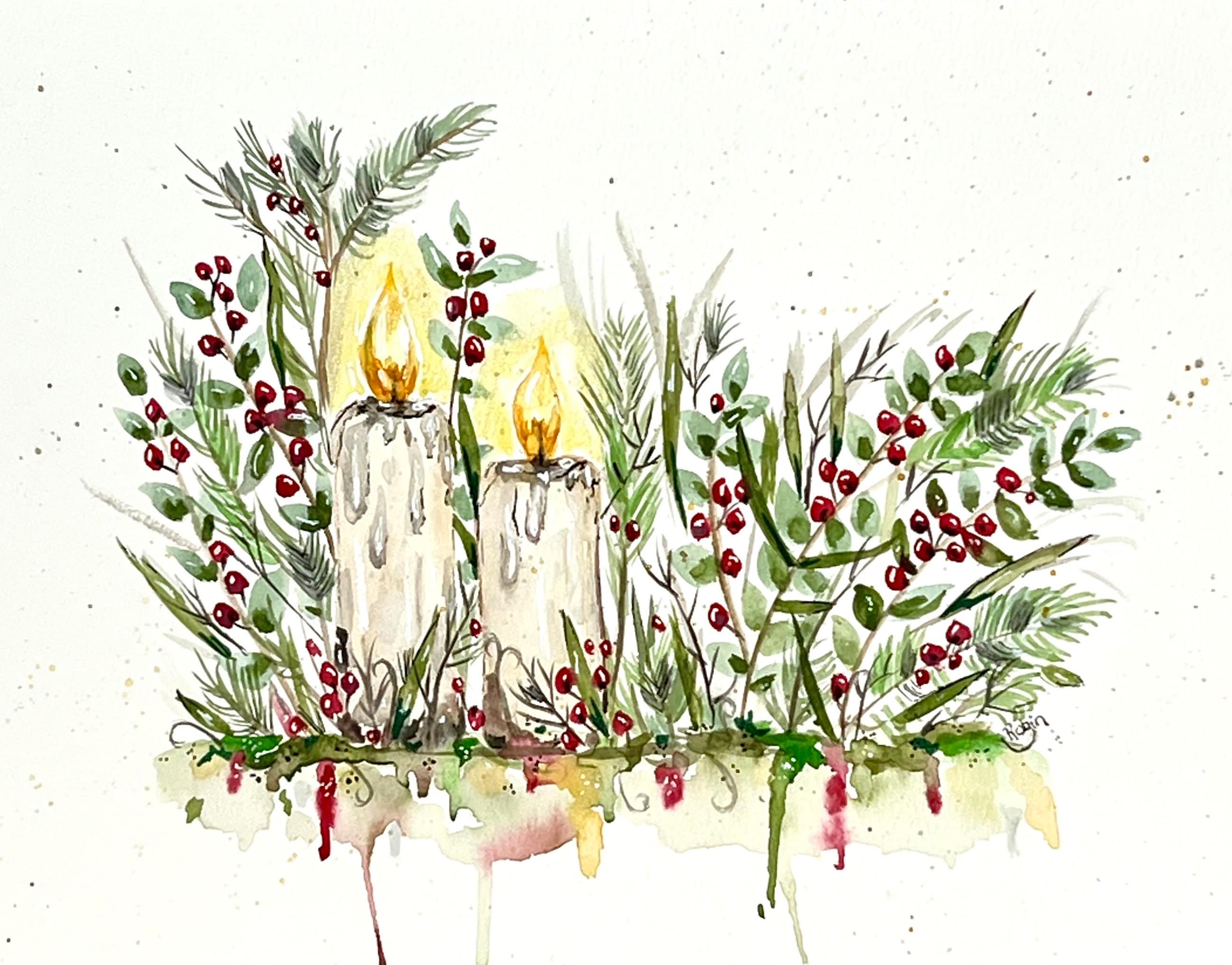 Christmas Watercolor Painting, Watercolor Holiday Candles, Watercolor ...