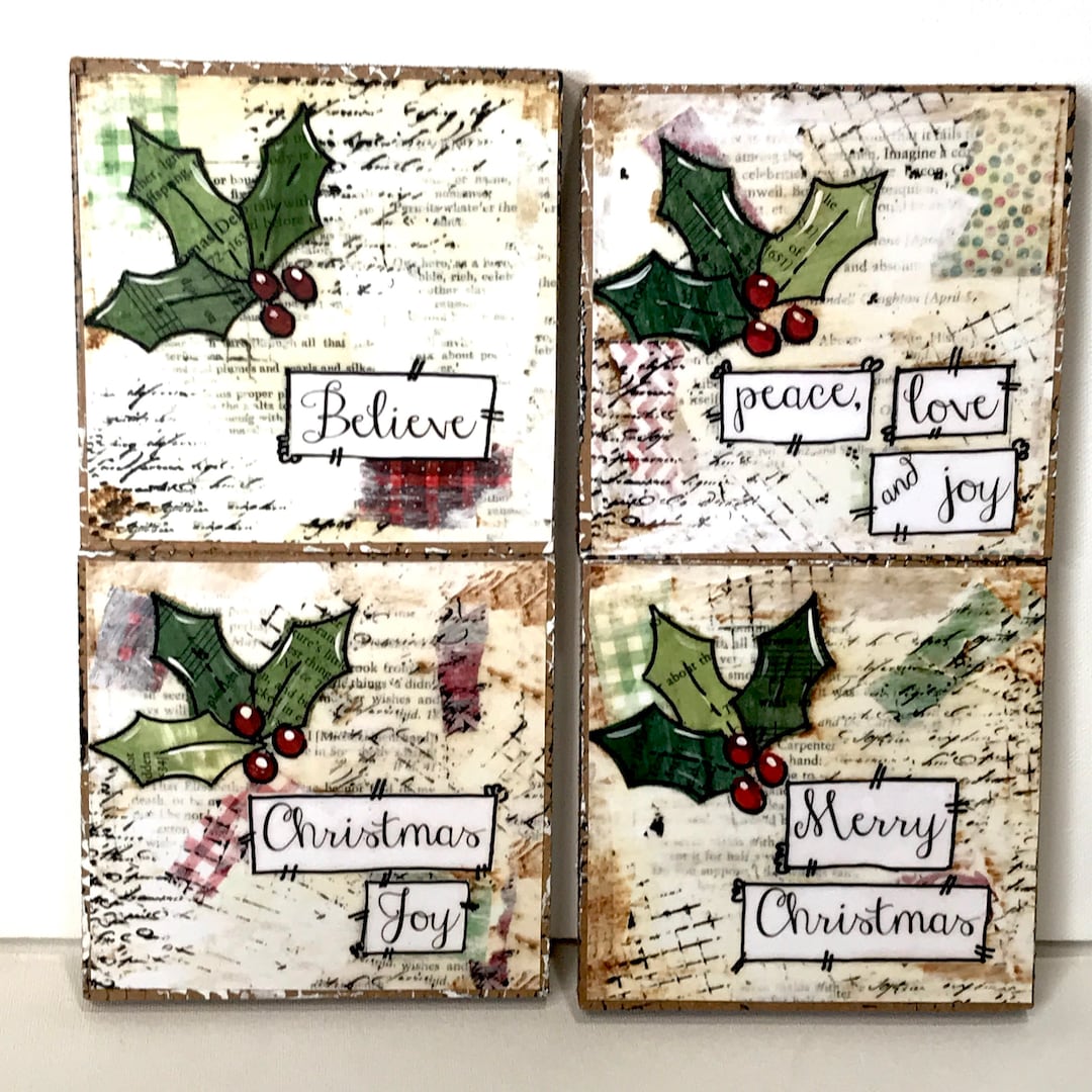 Holly Christmas Signs, Painted Holly Berry Sign, Mixed Media Christmas ...