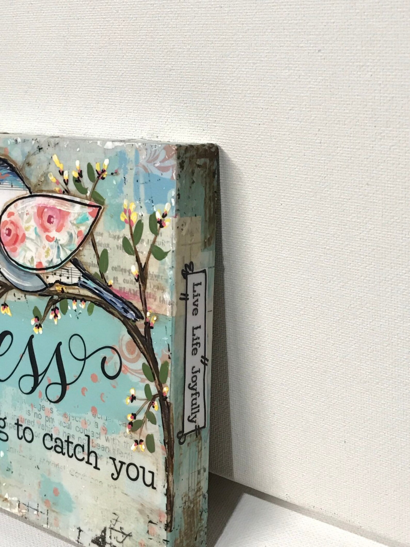 Happiness Sign, Happiness Painted Sign, Floral Bird, Mixed Media Joyful ...