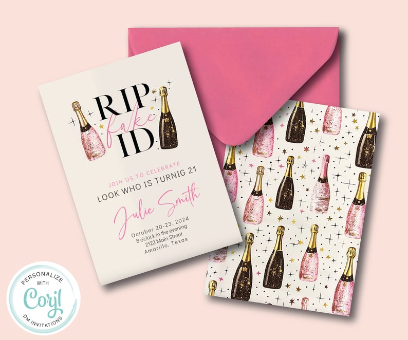 RIP Fake ID, Cheers, Champagne Watercolor Pink/black, 21st Birthday ...