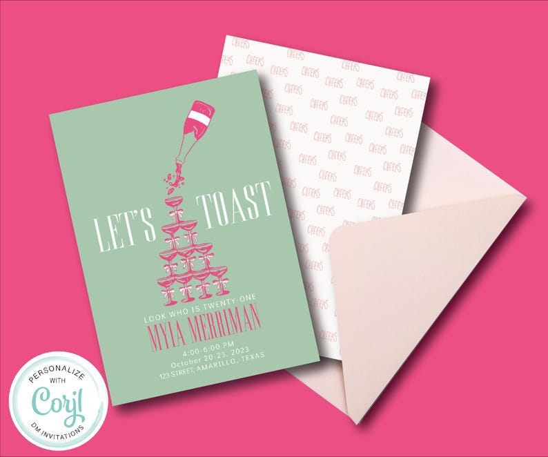 Let's Toast to 21, Cheers, Champagne Tower Pink/mint, 21st Birthday ...