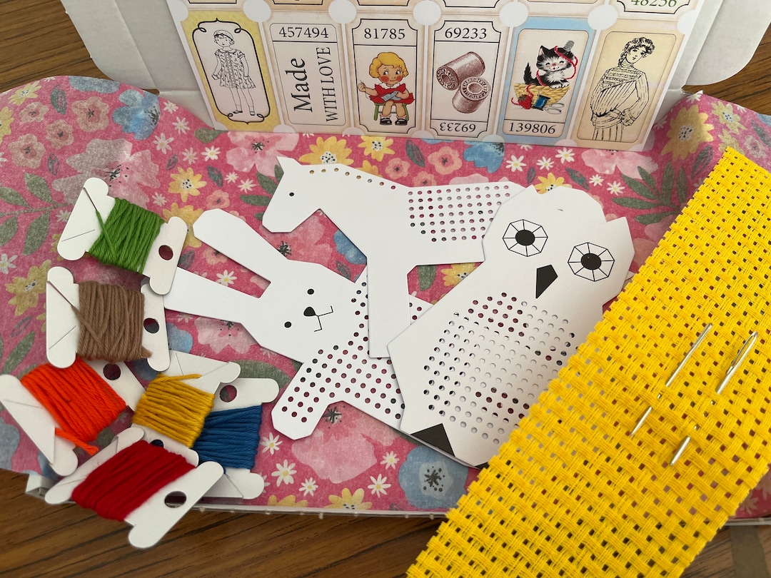 Beginners Sewing Cross Stitch Set. 4 Punched Cards, Cotton Threads and ...