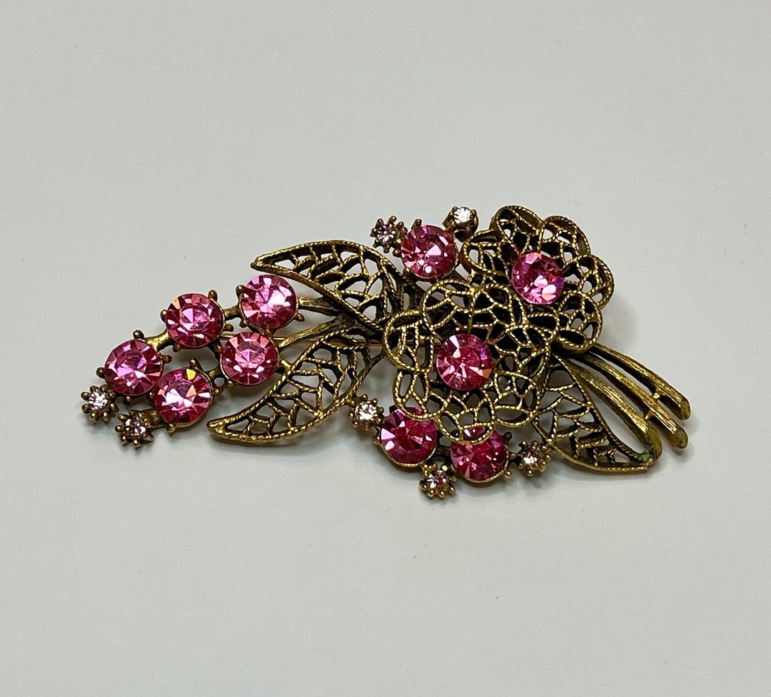 Vintage Pink Rhinestone Layered Floral Spray Brooch - Pink and Gold - Etsy